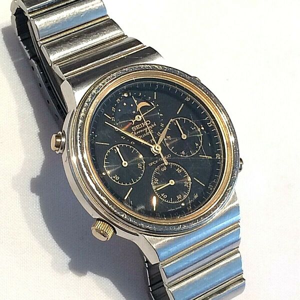 Super Rare Black Dial Vintage Seiko Chronograph Moonphase 7A48 5000 ...