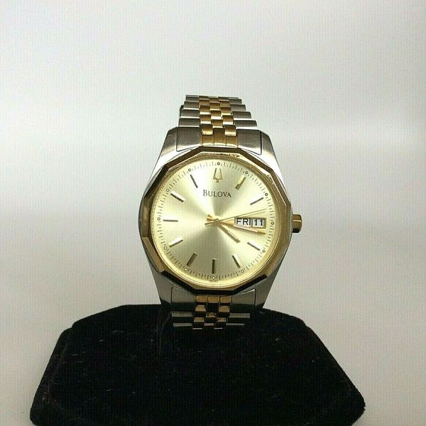 Bulova Men's Quartz Day Date Gold & Stainless Watch C9671328 A8 marked ...