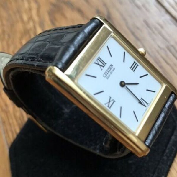 Men’s Genuine Citizen Eco Drive Tank Square Gold Leather Slim Dress ...