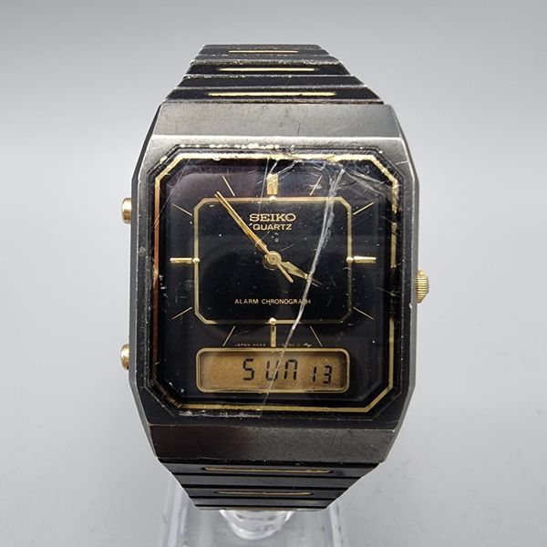 Seiko Watch Men Black Gold Tone Analog Digital Alarm Chrono 28mm ...