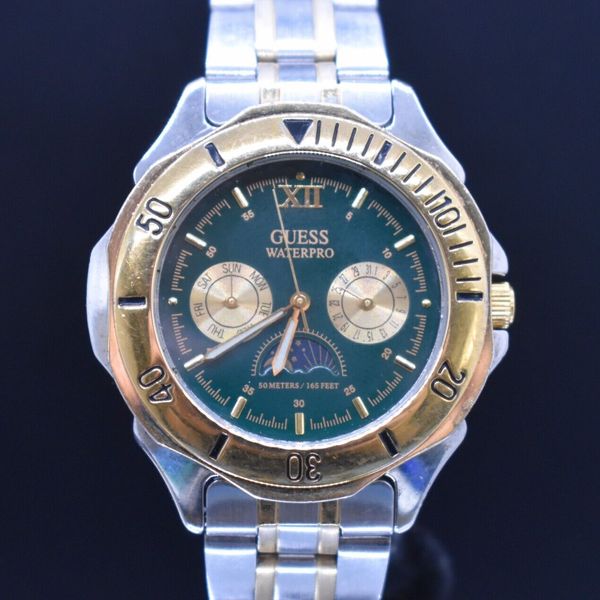 Vtg GUESS Waterpro Moon Phase Watch Men 1996 Green Dial Day Date 50m ...
