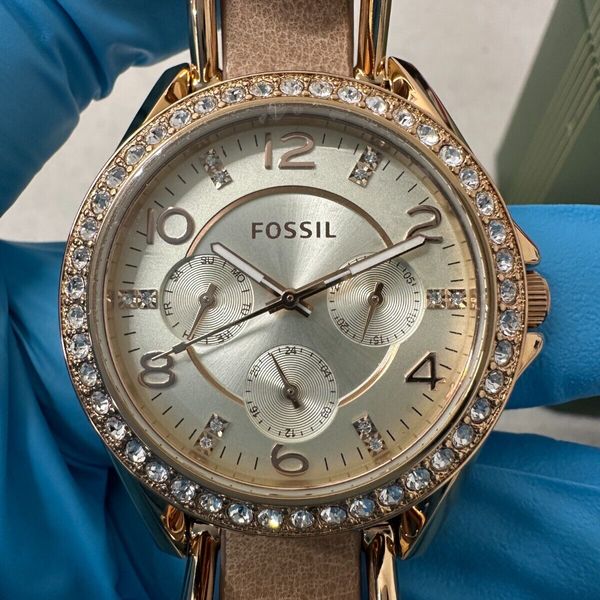 Fossil ES3466 Riley Rose Gold Tone Dial Beige Leather Strap Women's ...