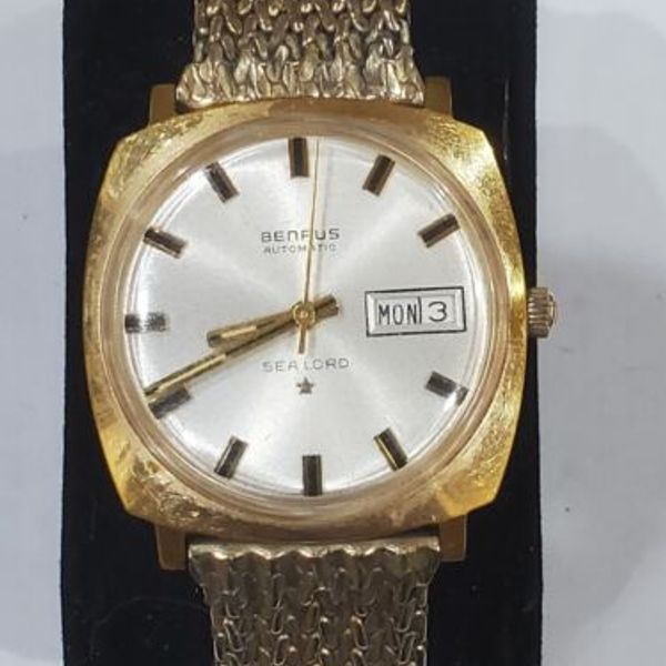 VINTAGE BENRUS WATCH 1970's Sea Lord Automatic 6529 14K Gold EP Bezel ...