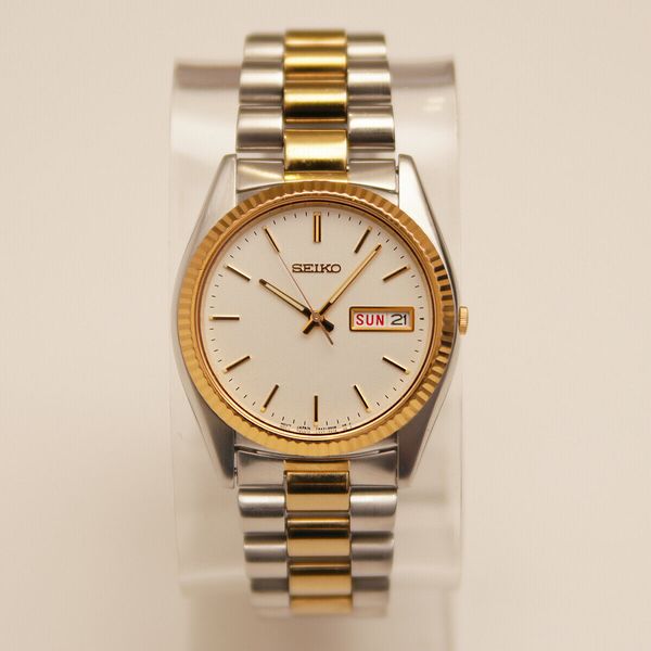 Vintage Seiko 7N43-8111 Men's Day Date Two Tone Quartz Watch Clean | WatchCharts Marketplace