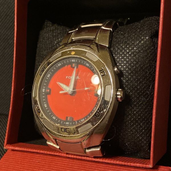 Fossil BIG TIC 42MM Menâ s Watch All Stainless Steel RARE Red Dial NEW ...