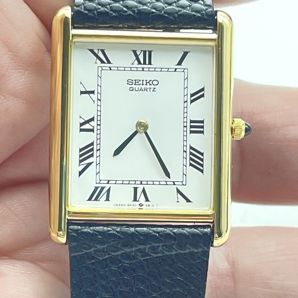 Vintage SEIKO Quartz Watch Gold Tone Roman Dial Mens Genuine Lizard ...