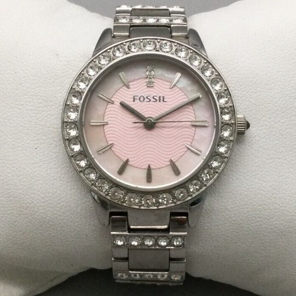 Fossil Jesse Watch Women 34mm Silver Tone Pink MOP Bling New Battery 6. ...