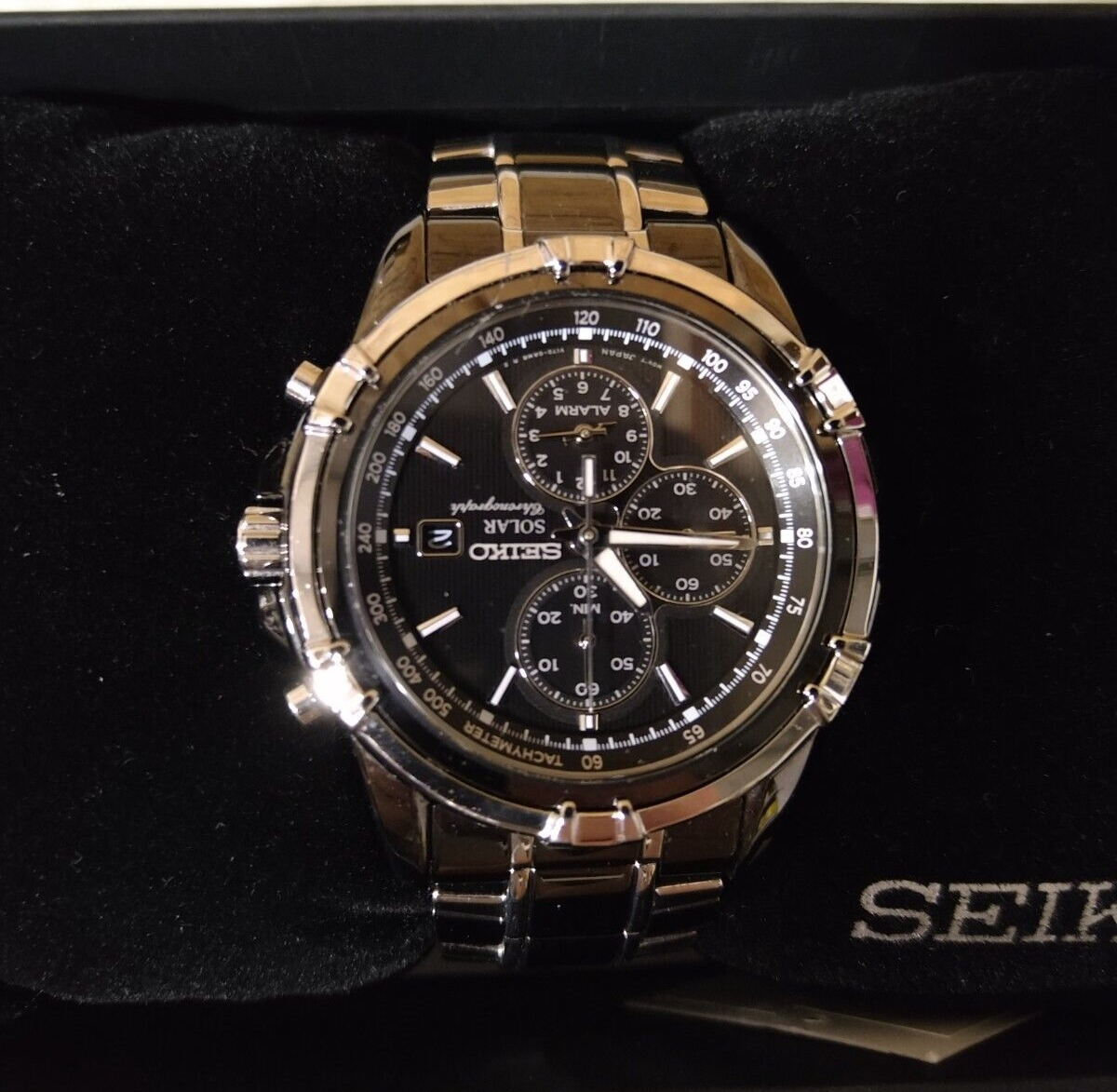 Seiko Men's Black Dial Two Tone Solar Chronograph Watch- SSC143 ...