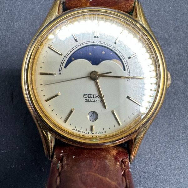 VTG Seiko Moon Phase Watch Womens Gold Tone 4K24-0019 Brown Leather ...