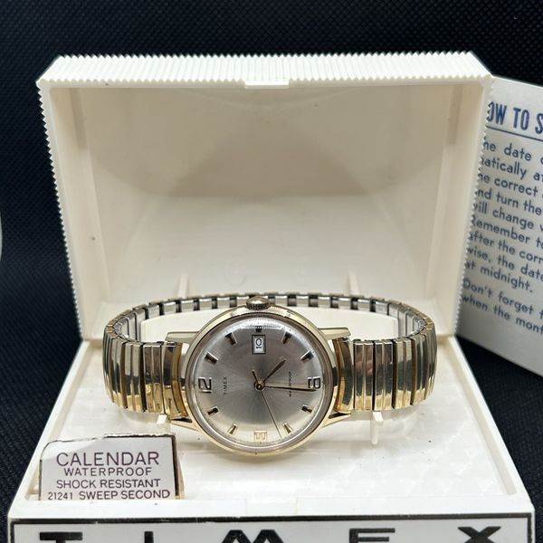 Vintage Timex Calendar Watch Silver Dial Gold Stretch Band Date Window ...