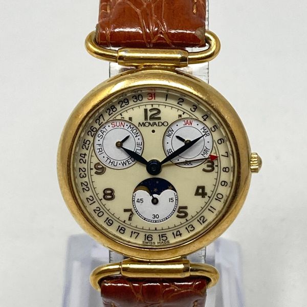 Vtg Movado Triple Date Watch Women 28mm FOR PARTS REPAIR Gold Tone Moon ...