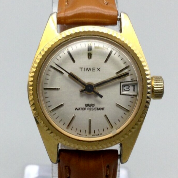 Vintage Timex Watch Women 24mm Gold Tone Date Brown Leather Band Manual ...