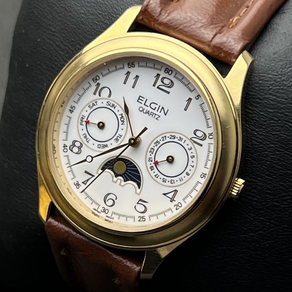 Vtg New 1988 ELGIN Day Date Moon Phase Menâ s 36mm Quartz Watch Gold ...