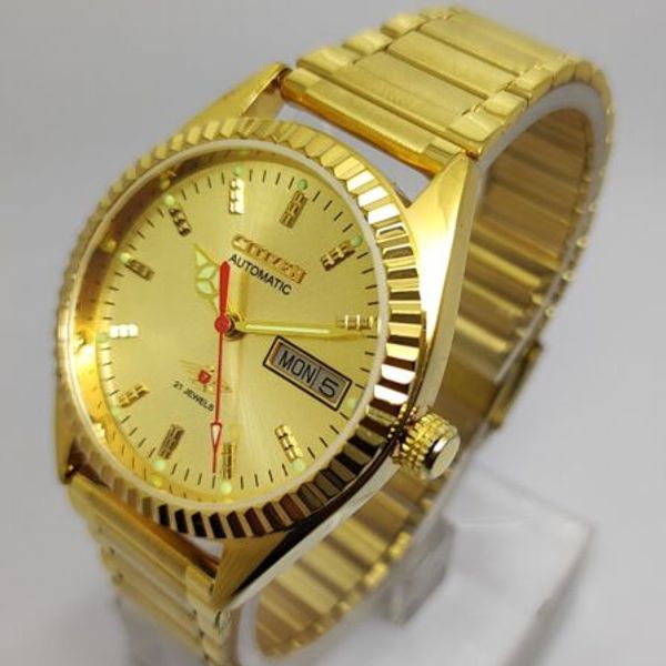 Citizen Automatic 8200 MENS Wristwatch Gold Color Dial Day Date Work ...