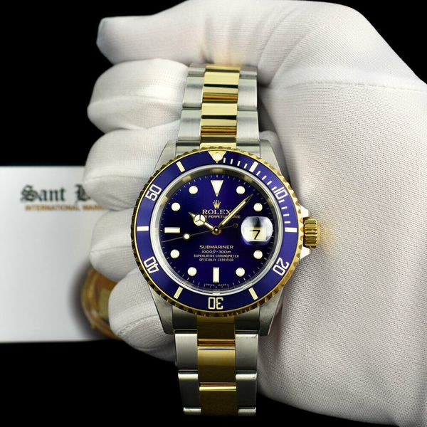 ROLEX - Mens 18kt Gold & Steel Submariner Indigo Blue No Holes 16613 ...