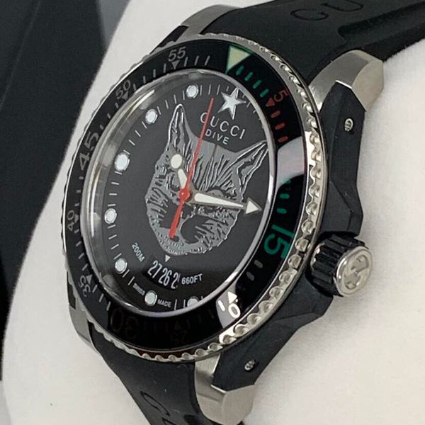 Gucci Dive Feline Head 40mm Black Silicone Strap Quartz Swiss Watch ...