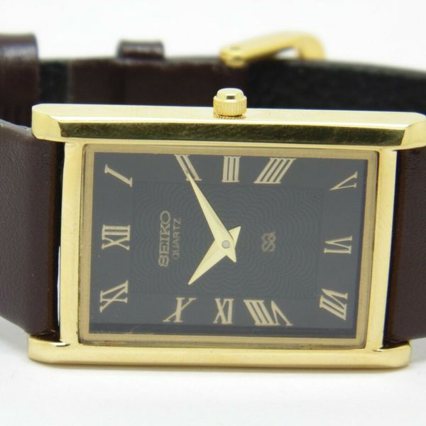 Seiko Quartz Black Dial Super Slim Gold Plated Analog Rectangle Mens ...