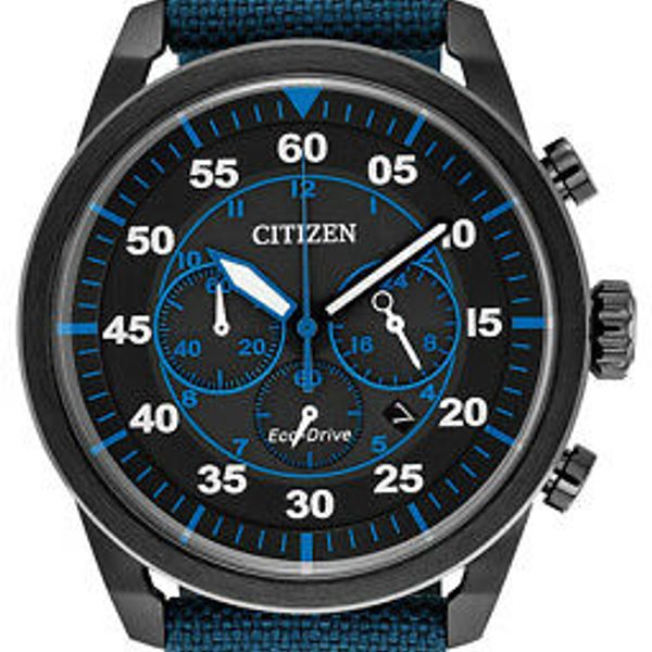 Citizen Eco-Drive Men's Avion Black Dial Blue Nylon Strap 45mm Watch ...