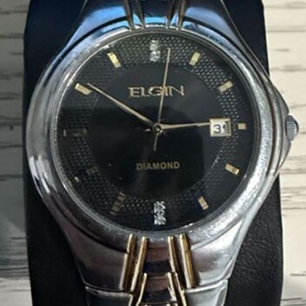 Elgin Diamond Watch Men FG156N 37mm Silver Gold Two Tone. Black Dial ...