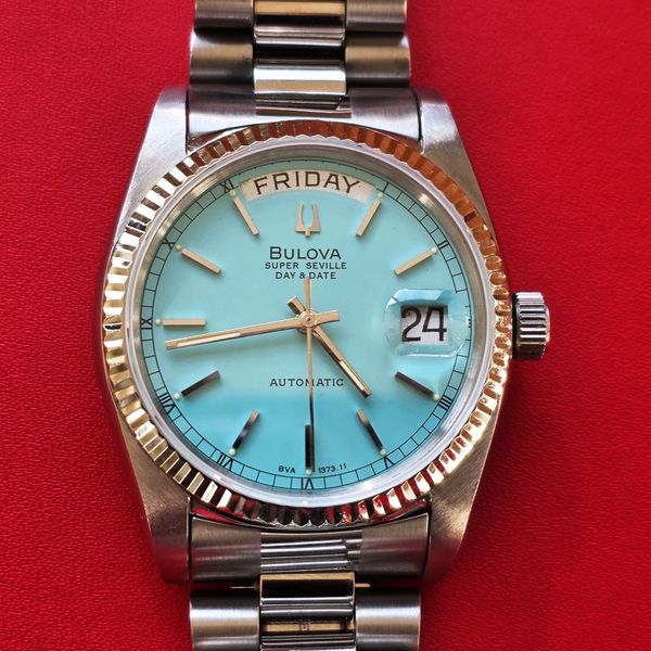 MEN BULOVA SUPER SEVILLE AUTOMATIC SERVICED DAY DATE SKY BLUE CLEAN ...