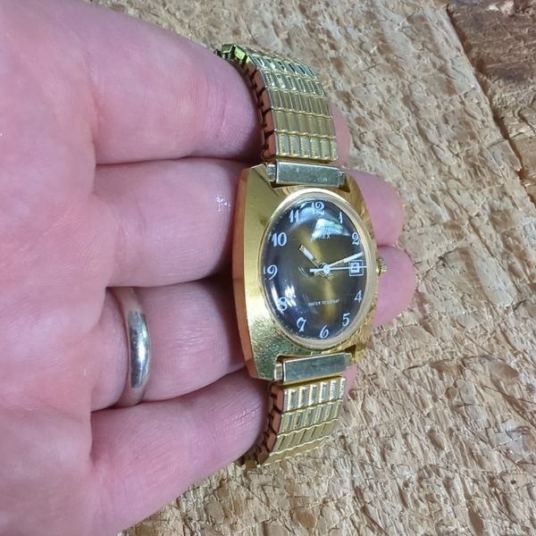 Vintage Timex Sprite Watch W/ Date Tiger Eye Dial Gold Runs Great 24560 ...