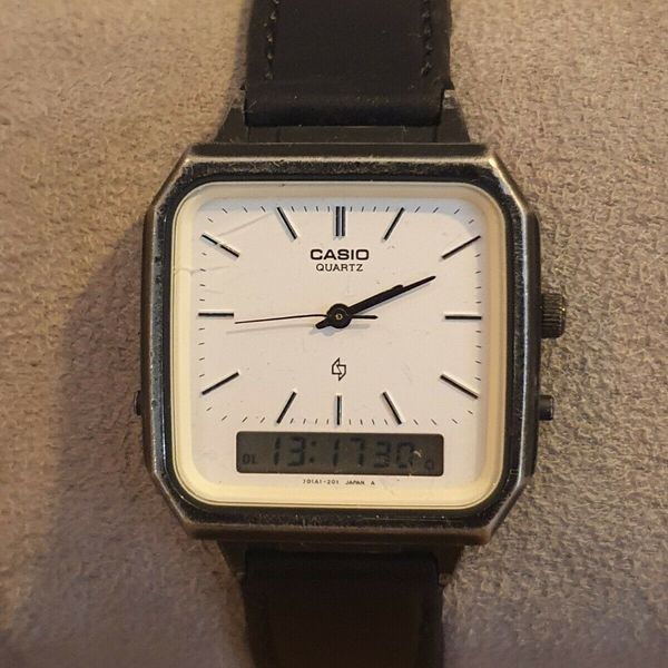 Vintage Casio AQ-331 analog digital square watch white dial ...