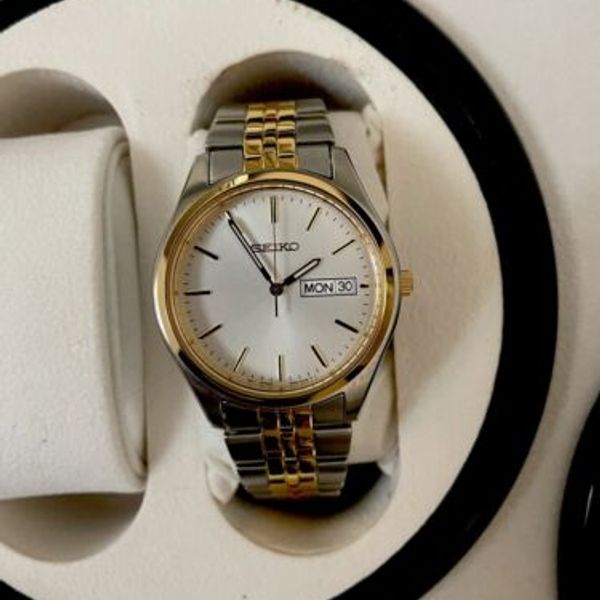 Seiko Essentials White Dial Two Tone Stainless Steel Gold Mens Watch ...