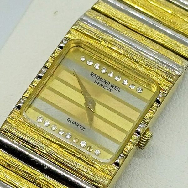 VINT RAYMOND WEIL 8056 WATCH TANK TWO TONE TEXTURED 18K G.P. TRI COLOR ...