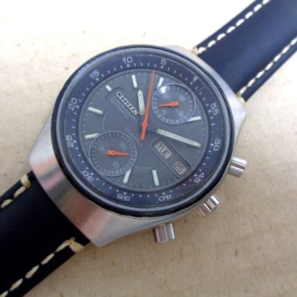 Citizen Chronograph Mens Watch Side Button Automatic Gray Dial Leather ...