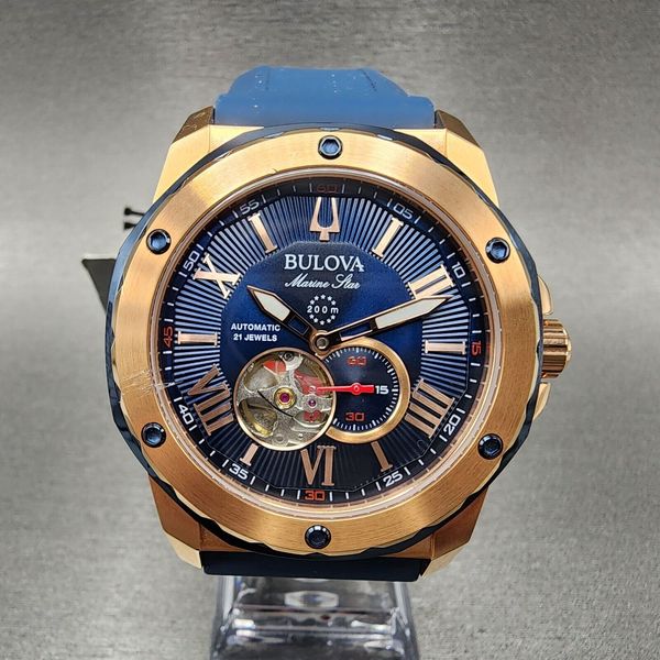 Bulova Marine Star Automatic Watch Men 45mm Blue Dial Rose Gold Tone ...