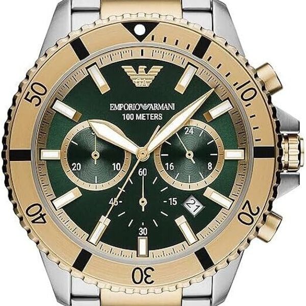 Emporio Armani Diver 43mm Gold & Green Dial Tone Chronograph Mens Watch ...