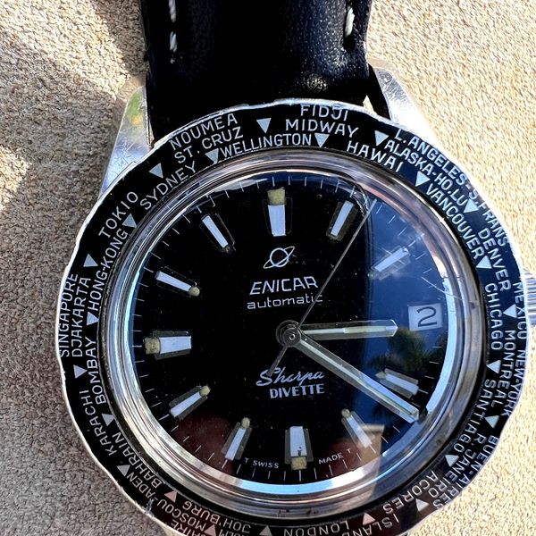 Vintage Enicar Sherpa Diver Divette rare World Bezel watch 60's Steel ...