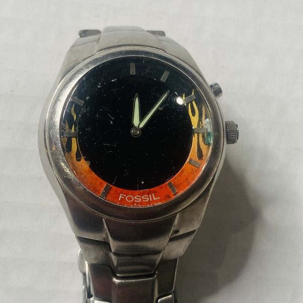 Fossil Big Tic Watch Men Silver Tone Flame Animation 302700 Untested ...