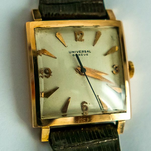 $1 NR Starting Price Square UNIVERSAL GENEVE solid 18k Gold Watch Mens ...