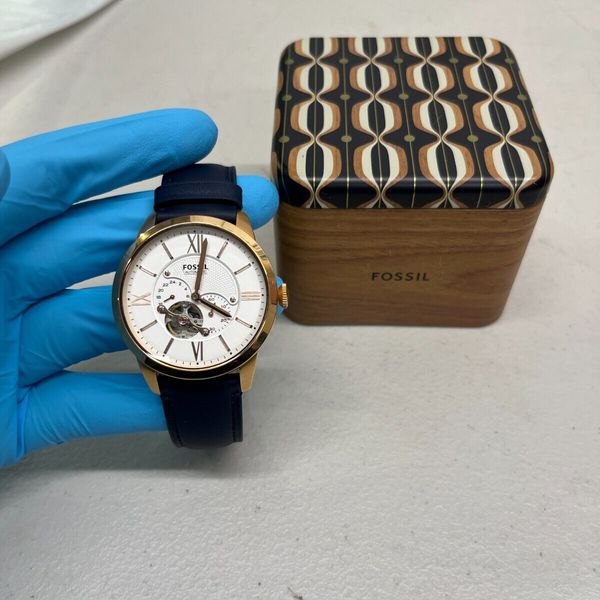 Fossil Townsman Automatic White Dial Men's Watch / Navy Leather Strap ...