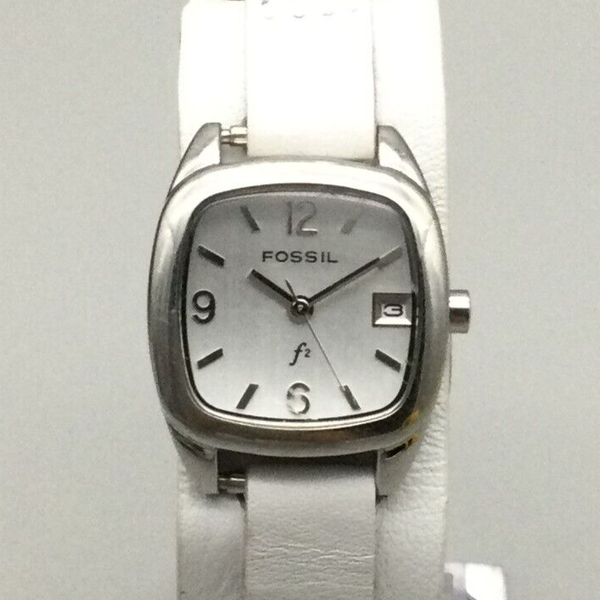 Fossil F2 Watch Women Silver Tone Square 23mm Date Leather Cuff Band ...