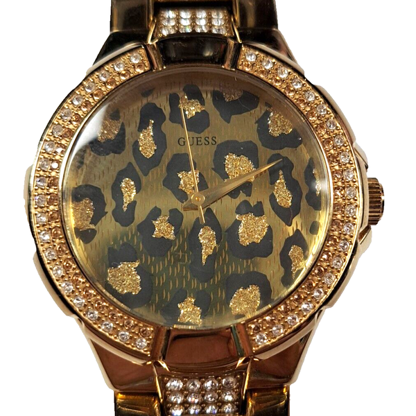 Guess Women's 8" Gold Tone Leopard Print Watch Gemmed New Battery ...