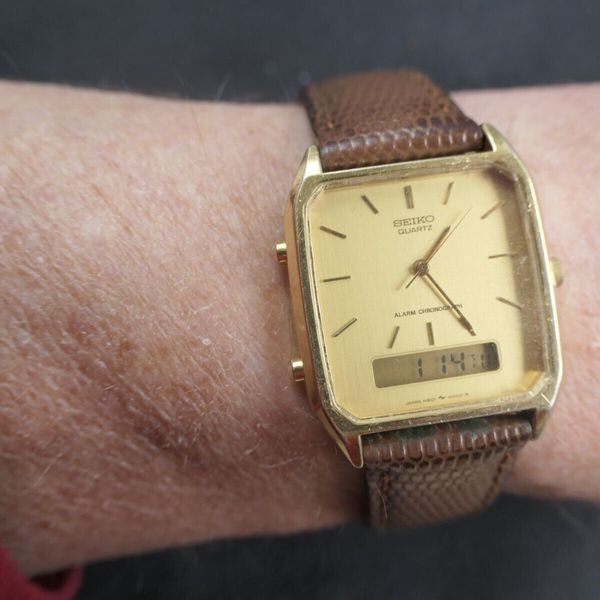 Vintage Gold Tone Seiko H601 Dual Display Alarm Chronograph ...
