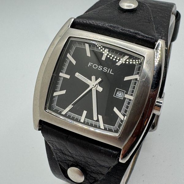 VTG Fossil Quartz Watch JR-8132 Unisex Silver Leather Bund Band Date ...