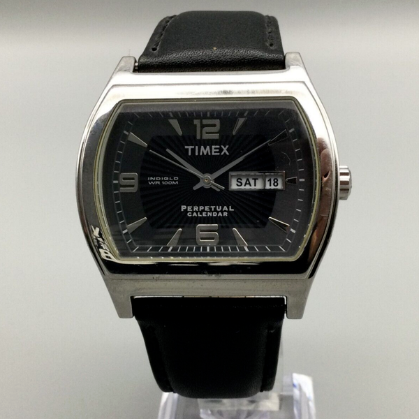 Timex Perpetual Calendar Watch Men Indiglo Silver Tone Day Date New ...
