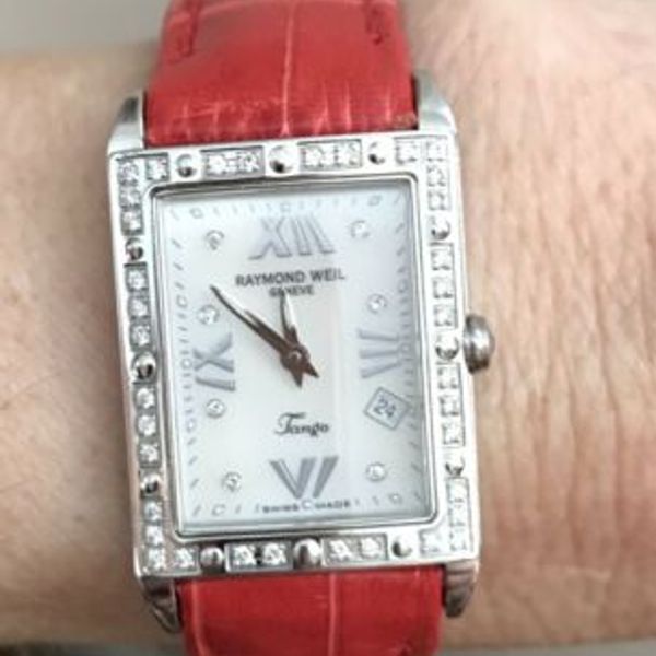 Raymond Weil Tango Square Watch #5981 Diamonds W/Pearl Dial Leather ...