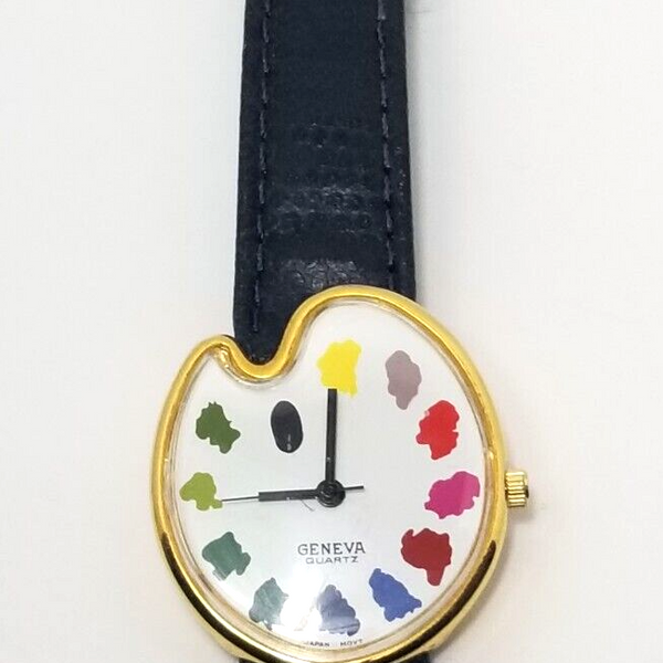 Geneva Paint Pallet Design Watch with Genuine Leather Black Wristband ...