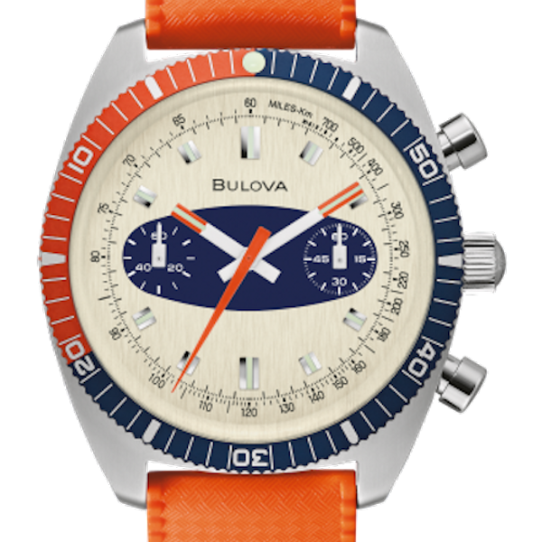 NEW BULOVA ARCHIVE CHRONOGRAPH A SURFBOARD CREAM DIAL ORANGE RUBBER ...