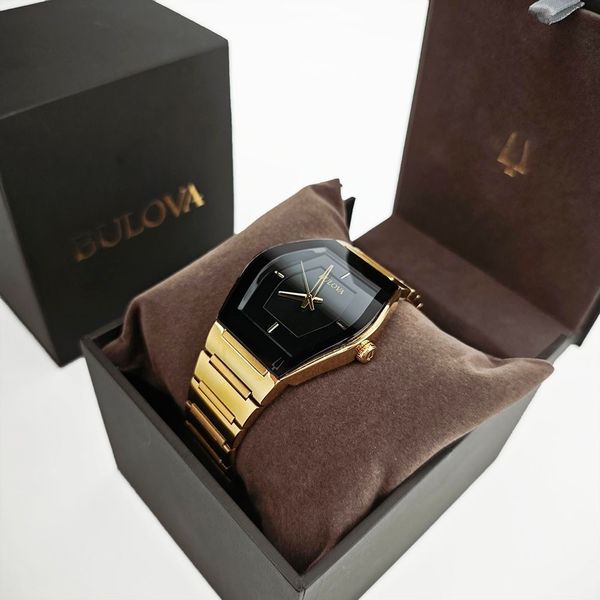Bulova Gemini 97A164 Men's Black Dial Gold-Tone Band Quartz Watch-GL34 ...