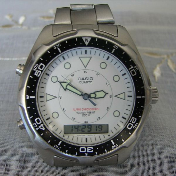 CASIO 10 ATM Model AMW-320F ALARM Chronograph Diver Quartz SS Watch ...