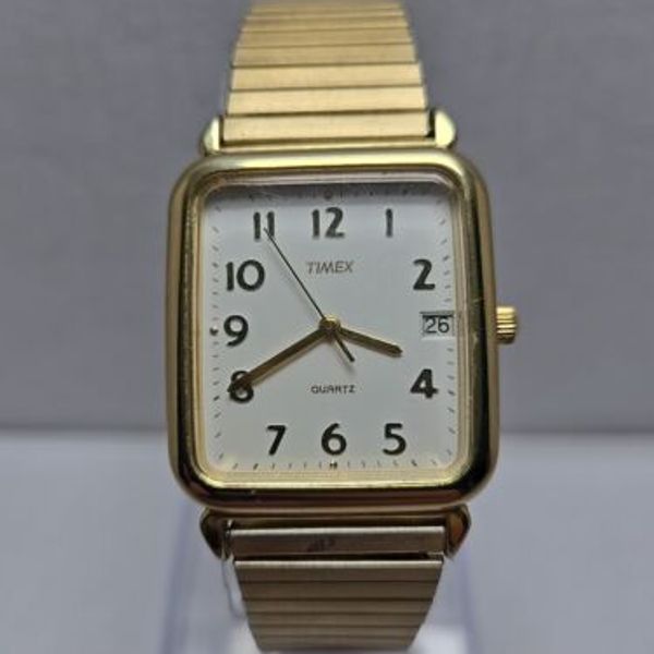 Men's Timex T-96 28mm Tank Quartz Watch Gold Tone Stretch Band New ...