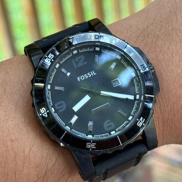 Fossil AM 4257 Mens 10 ATM Black Rubber Large Dial Watch,Works ...