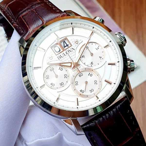 Bulova Sutton Silver White Brown Band 96B309 Chronograph Men's Watch ...