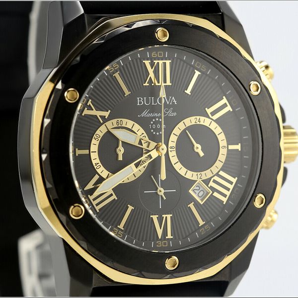 BULOVA 98B278 Men's Chronograph Marine Star Black Silicone Strap Watch ...
