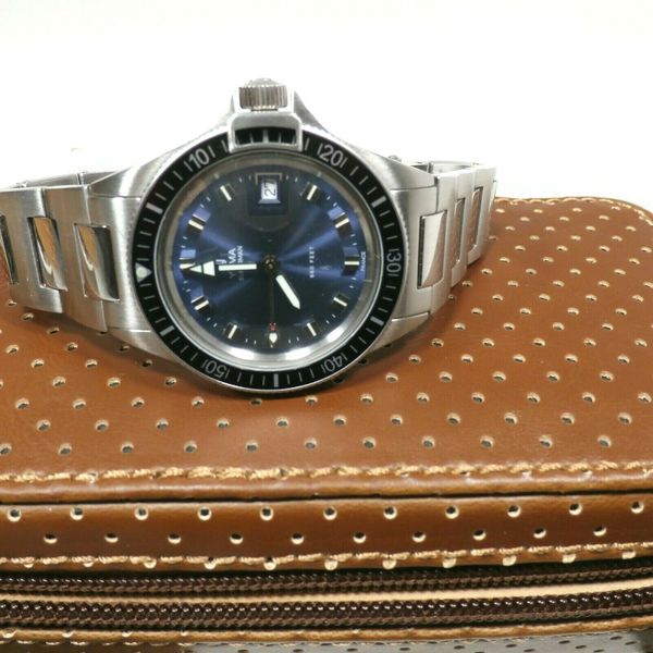 Mens Yema Superman Heritage Quartz Blue Dial Diver Watch in Leather Box ...